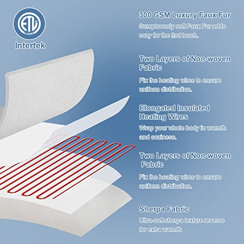 Bilicolor Heated Blanket Electric Throw Luxury Faux Fur Sherpa 50" x 60" Fast Heating Blanket 5 Heating Levels 3 Hours Auto Off with ETL Certificated