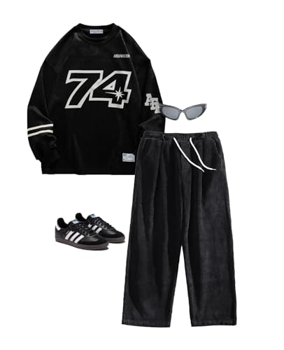 Aelfric Eden Mens Oversized Sweatshirt Crewneck Vintage Graphic Pullover Shirts Long Sleeve Streetwear Tops Grey