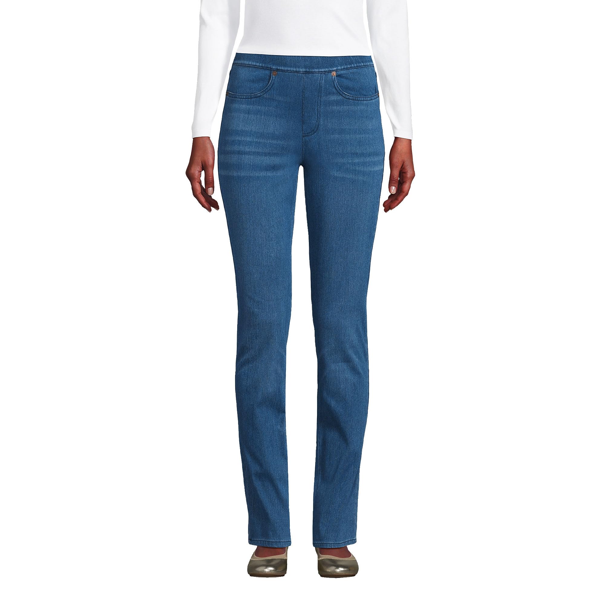 Lands' End Womens Starfish MR PO Knit Denim Straight Jeans Medium Sea Blue Plus 2X