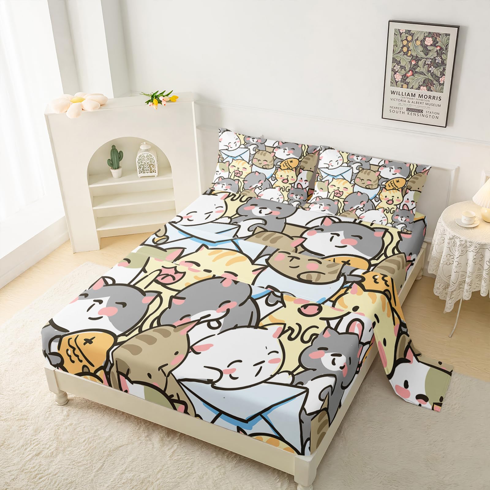 QOOMO Kawaii Cat Sheet Set,Cats Kids Bed Sheets,Cartoon Animals Printed 16" Deep Pocket Bed Sheet Set for Girls/Kids/Teens,4 Piece Sheet Set, 1 Fitted Sheet,1 Flat Sheet and 2 Pillowcases,Twin Size