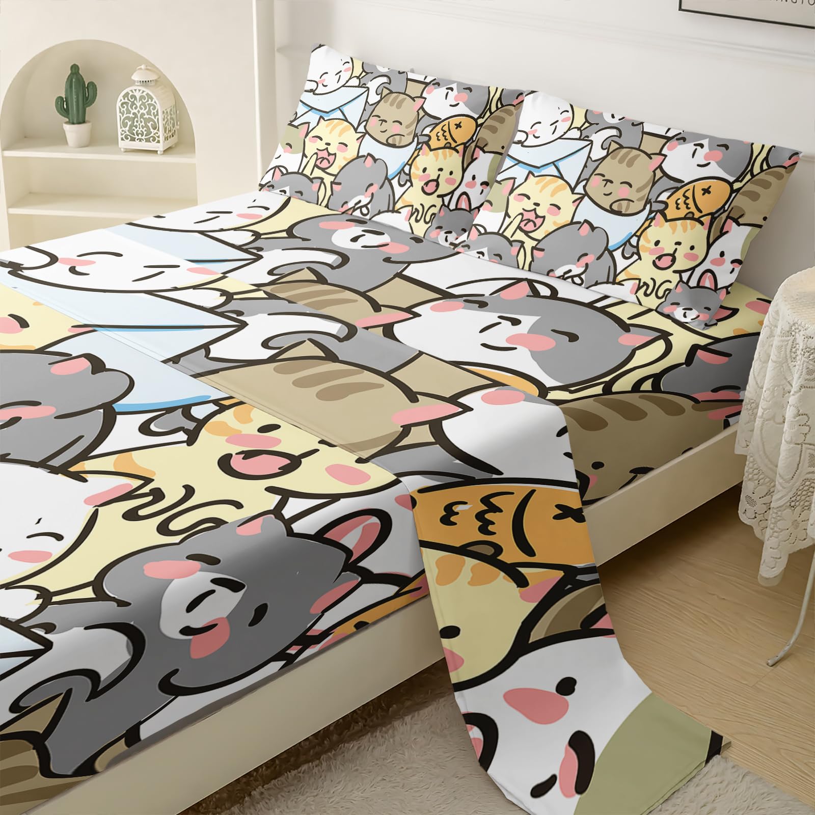 QOOMO Kawaii Cat Sheet Set,Cats Kids Bed Sheets,Cartoon Animals Printed 16" Deep Pocket Bed Sheet Set for Girls/Kids/Teens,4 Piece Sheet Set, 1 Fitted Sheet,1 Flat Sheet and 2 Pillowcases,Twin Size