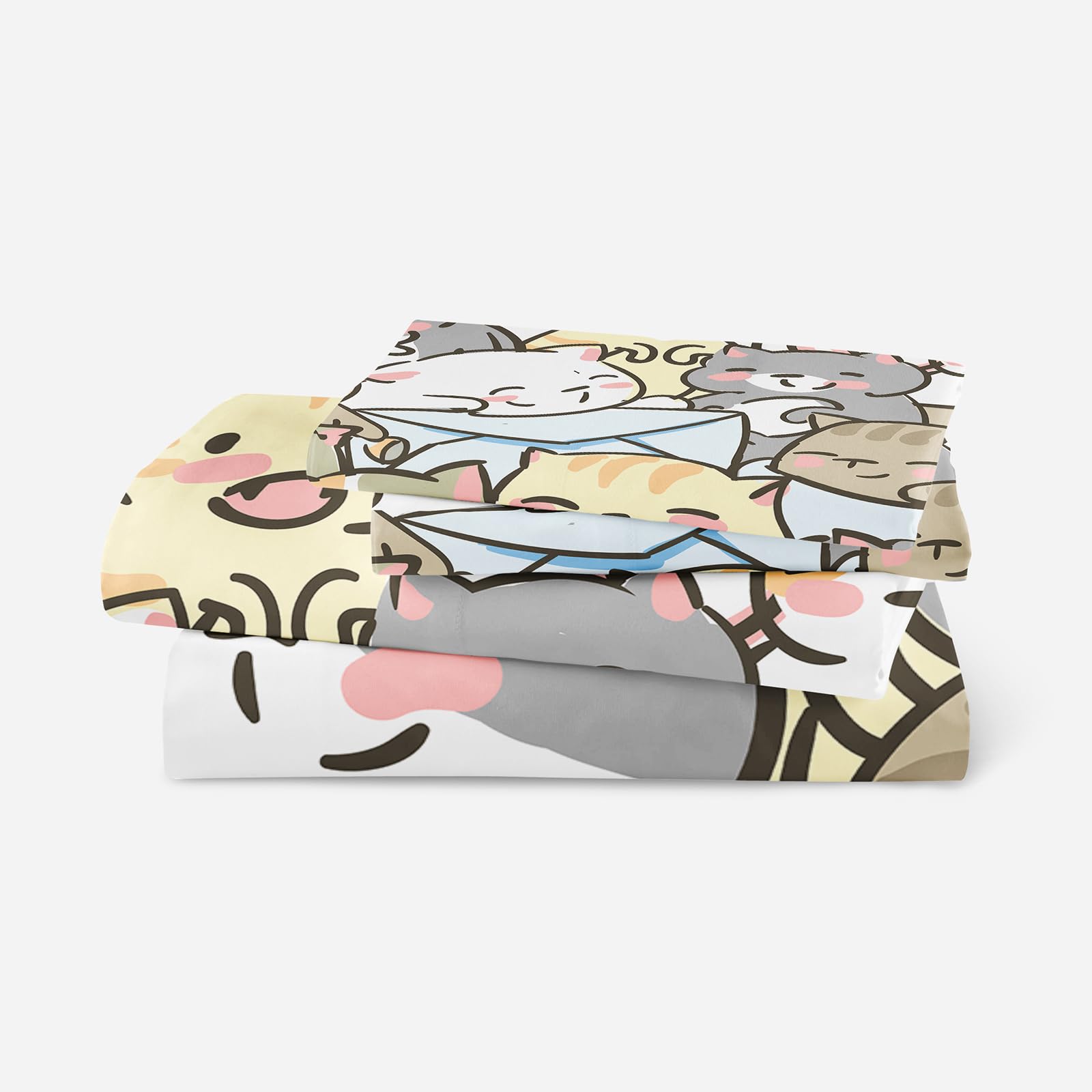 QOOMO Kawaii Cat Sheet Set,Cats Kids Bed Sheets,Cartoon Animals Printed 16" Deep Pocket Bed Sheet Set for Girls/Kids/Teens,4 Piece Sheet Set, 1 Fitted Sheet,1 Flat Sheet and 2 Pillowcases,Twin Size