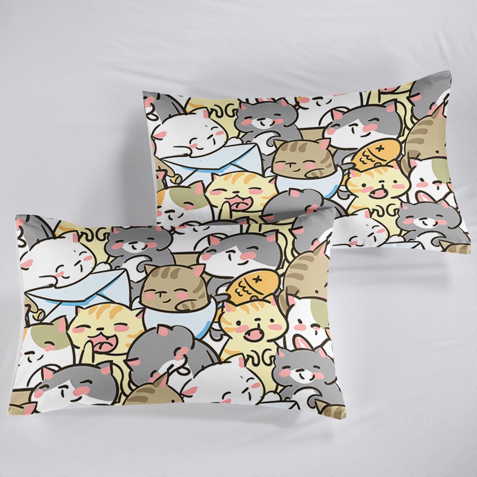 QOOMO Kawaii Cat Sheet Set,Cats Kids Bed Sheets,Cartoon Animals Printed 16" Deep Pocket Bed Sheet Set for Girls/Kids/Teens,4 Piece Sheet Set, 1 Fitted Sheet,1 Flat Sheet and 2 Pillowcases,Twin Size
