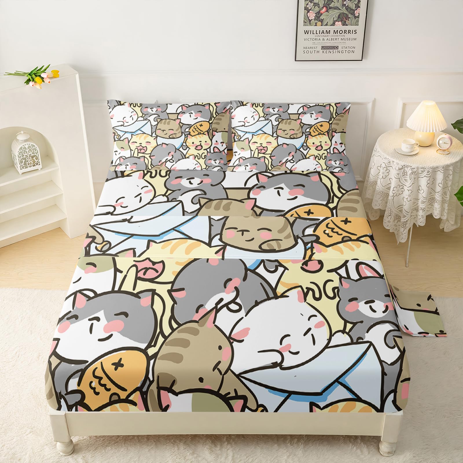 QOOMO Kawaii Cat Sheet Set,Cats Kids Bed Sheets,Cartoon Animals Printed 16" Deep Pocket Bed Sheet Set for Girls/Kids/Teens，4 Piece Sheet Set, 1 Fitted Sheet,1 Flat Sheet and 2 Pillowcases，Twin Size