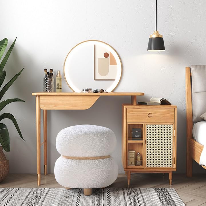 Get Set Style Round Ottoman with Soft Padded Seat, Multifunctional Vanity Chairs for Makeup, Upholstered Footrest Stool Ottoman Foot Stool for Living Room, Bedroom (White)