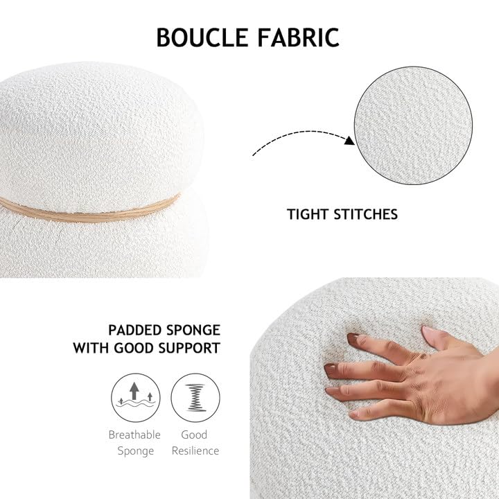 Get Set Style Round Ottoman with Soft Padded Seat, Multifunctional Vanity Chairs for Makeup, Upholstered Footrest Stool Ottoman Foot Stool for Living Room, Bedroom (White)