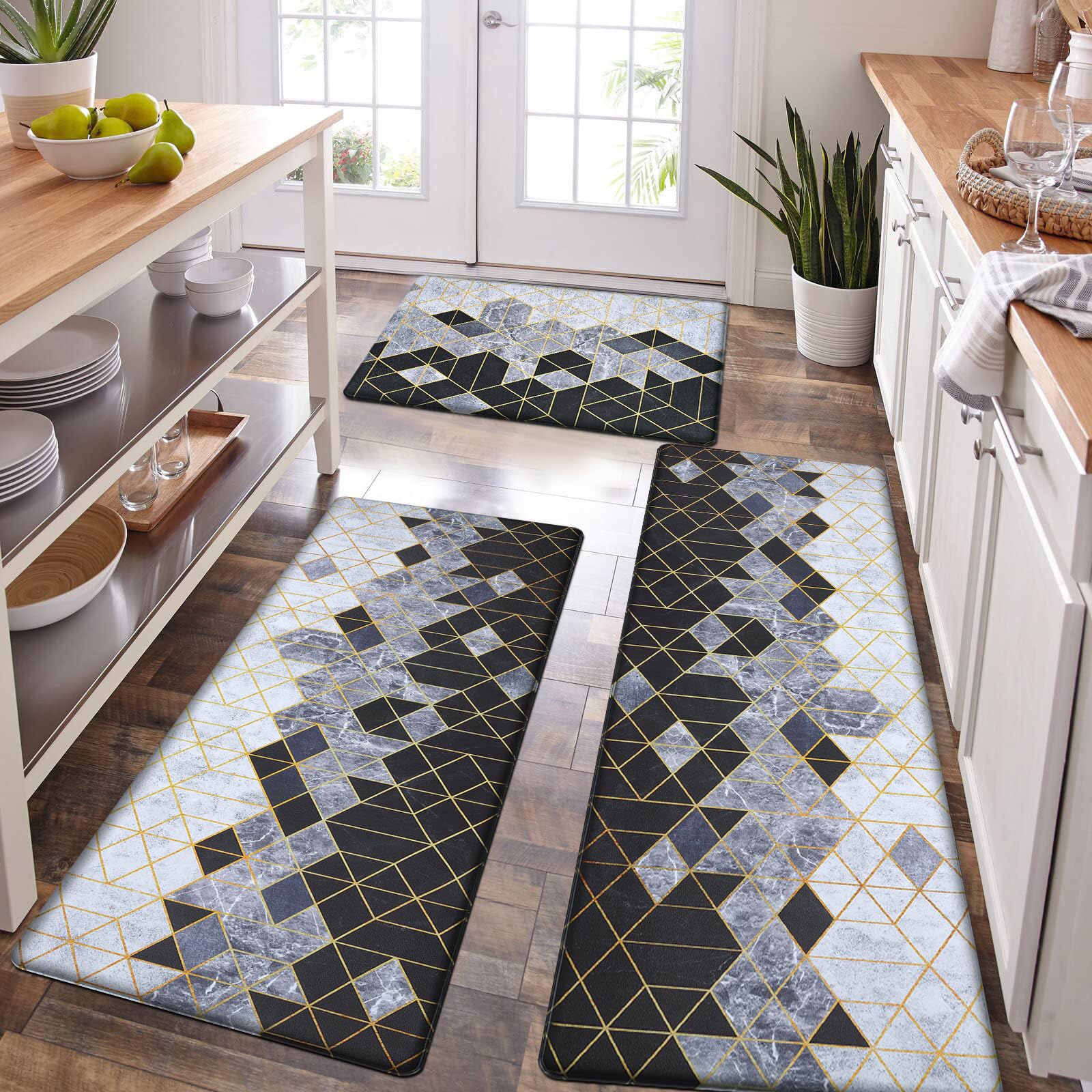 Kitchen Mats 3 Piece Set, Memory Foam Kitchen Rugs Mat Non Slip Washable for Floor, Modern Kitchen Mats Cushioned Anti Fatigue, Waterproof Kitchen Runner Rug, 18‘’ x 30‘’ + 18'' x 48'' + 18'' x 60''