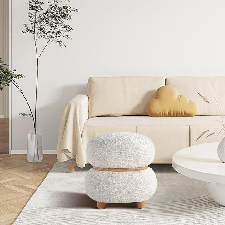 Get Set Style Round Ottoman with Soft Padded Seat, Multifunctional Vanity Chairs for Makeup, Upholstered Footrest Stool Ottoman Foot Stool for Living Room, Bedroom (White)
