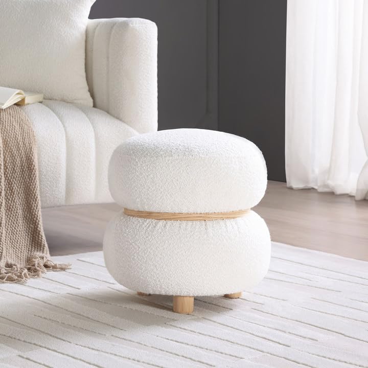 Get Set Style Round Ottoman with Soft Padded Seat, Multifunctional Vanity Chairs for Makeup, Upholstered Footrest Stool Ottoman Foot Stool for Living Room, Bedroom (White)