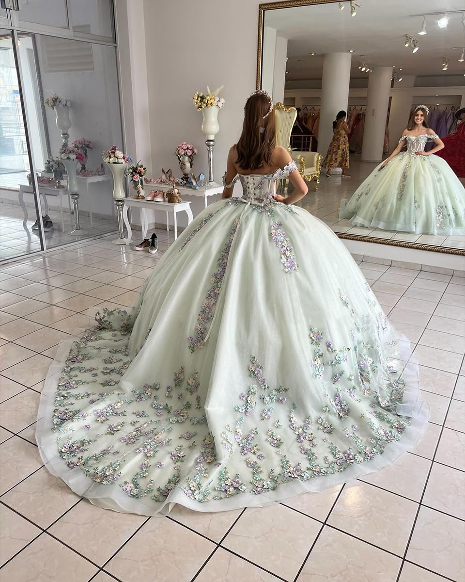 Mouccy Lace Sky Blue Quinceanera Dresses 2024 Beaded Pearly Ball Gowns Floral Off Shoulder Sweet 16 Dresses Petite