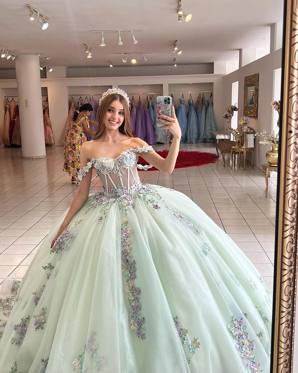Mouccy Lace Sky Blue Quinceanera Dresses 2024 Beaded Pearly Ball Gowns Floral Off Shoulder Sweet 16 Dresses Petite
