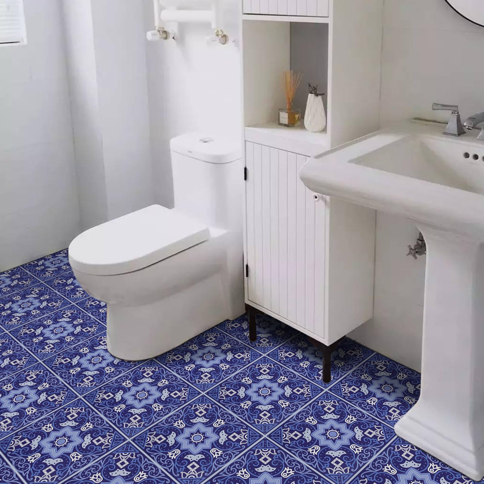 Peel and Stick Floor Tile, Blue Flower Vinyl Flooring, Durable and Waterproof for Update Bathroom Kitchen Basement, 12x12In, 10pc