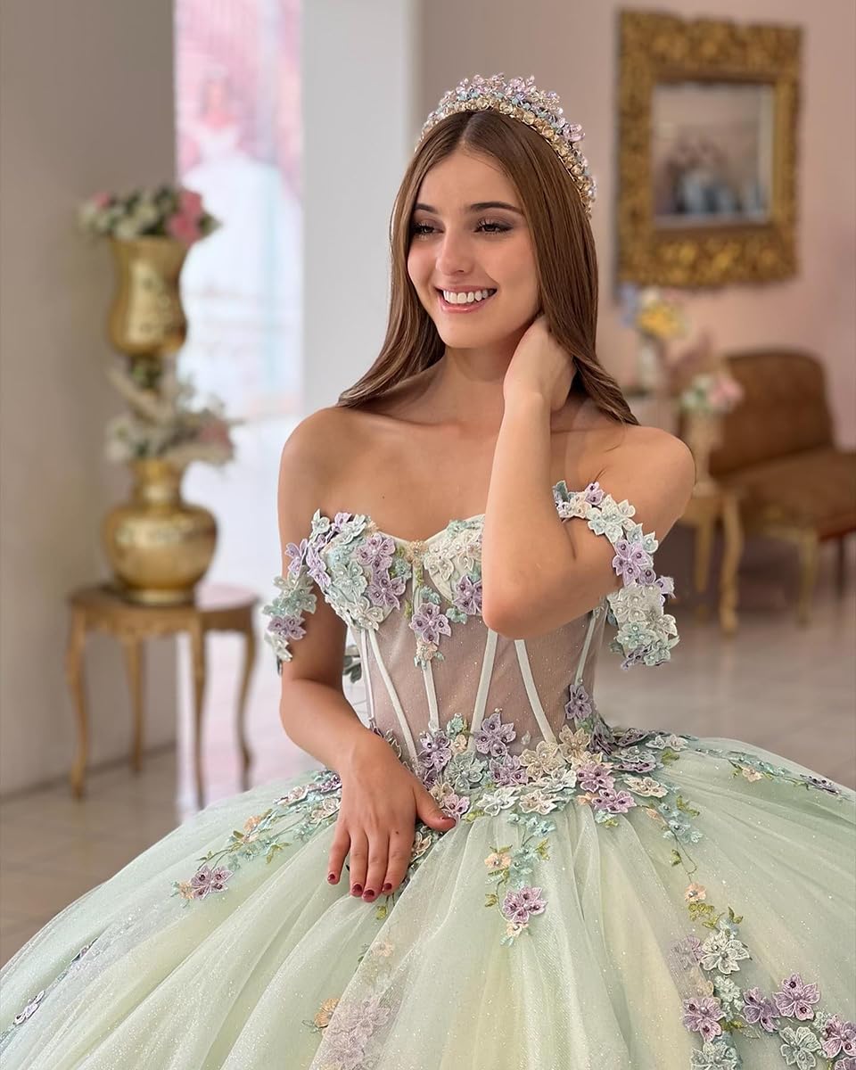 Mouccy Lace Sky Blue Quinceanera Dresses 2024 Beaded Pearly Ball Gowns Floral Off Shoulder Sweet 16 Dresses Petite