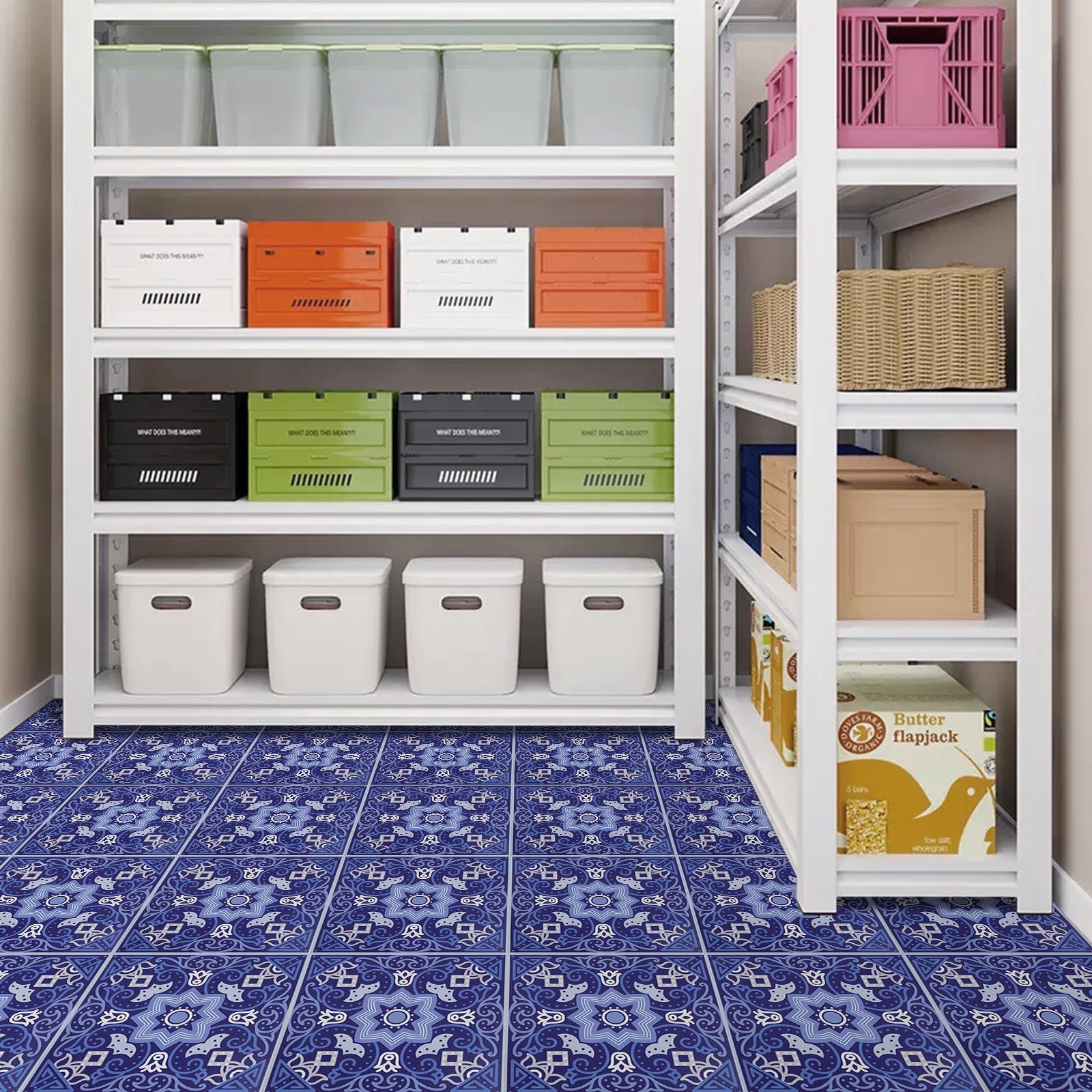 Peel and Stick Floor Tile, Blue Flower Vinyl Flooring, Durable and Waterproof for Update Bathroom Kitchen Basement, 12x12In, 10pc