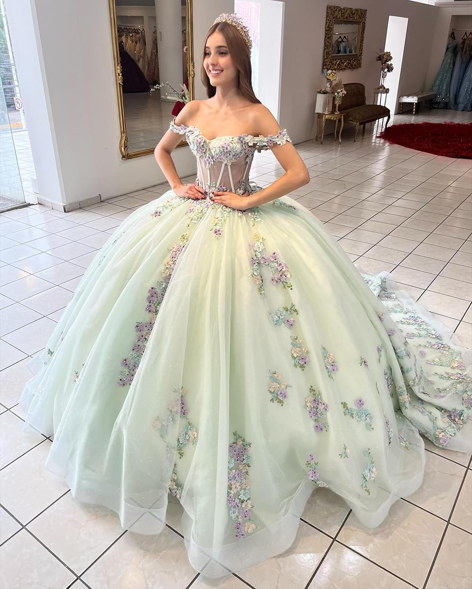 Mouccy Lace Sky Blue Quinceanera Dresses 2024 Beaded Pearly Ball Gowns Floral Off Shoulder Sweet 16 Dresses Petite