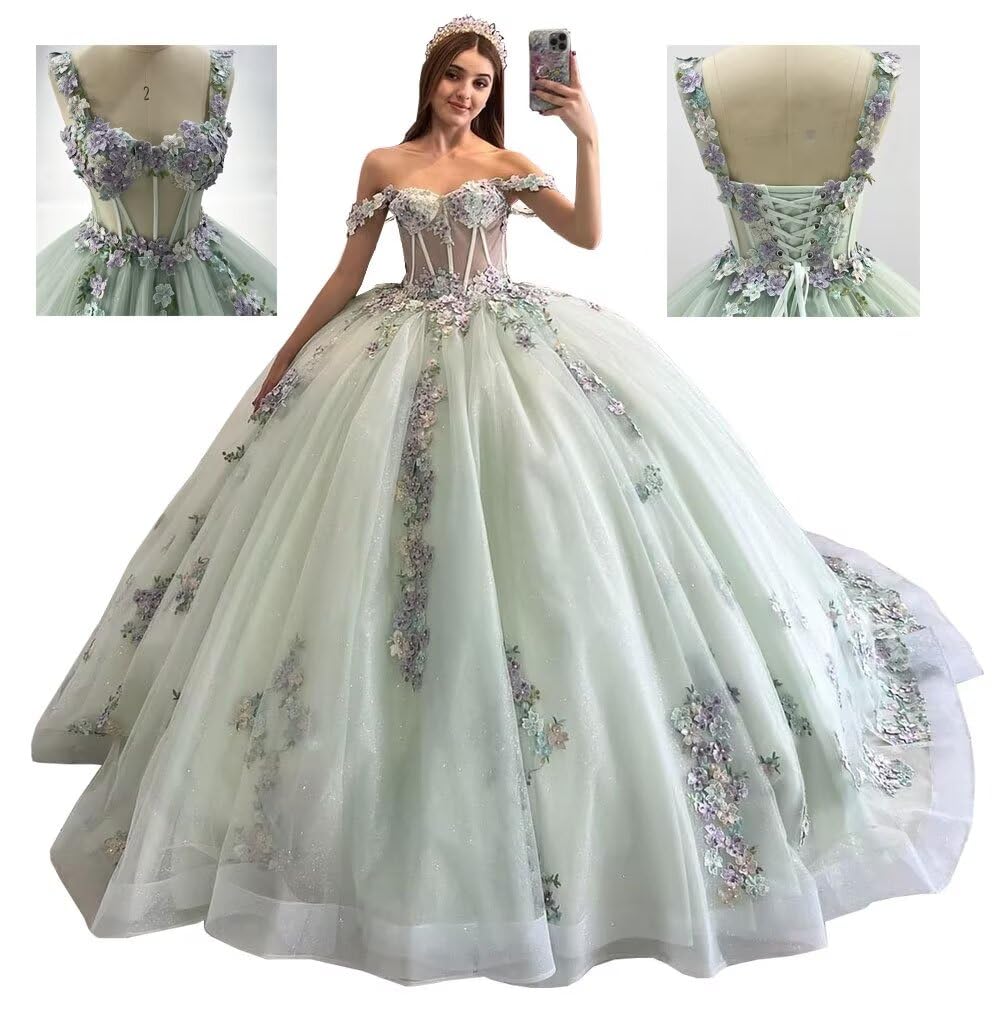 Mouccy Lace Sky Blue Quinceanera Dresses 2024 Beaded Pearly Ball Gowns Floral Off Shoulder Sweet 16 Dresses Petite