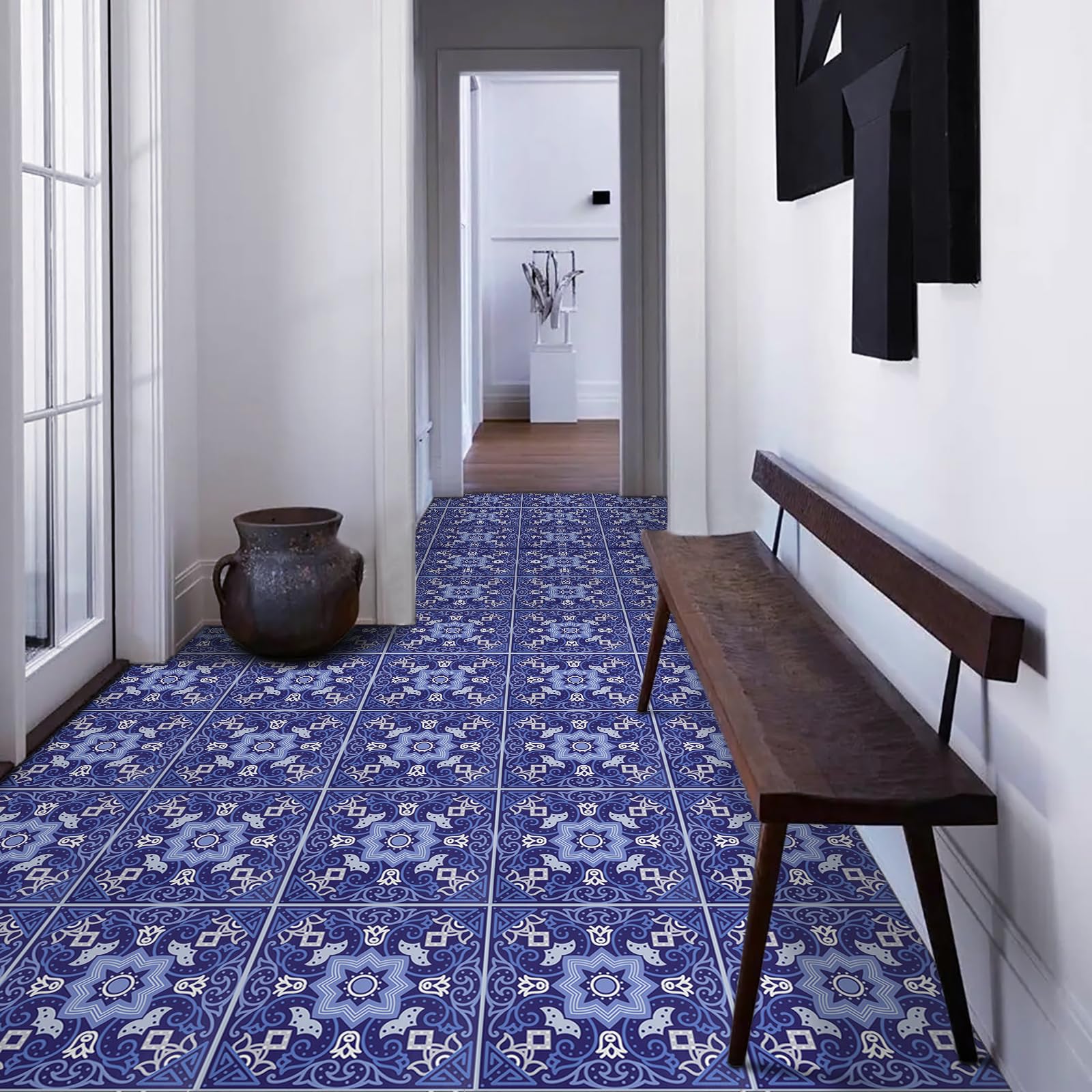 Peel and Stick Floor Tile, Blue Flower Vinyl Flooring, Durable and Waterproof for Update Bathroom Kitchen Basement, 12x12In, 10pc
