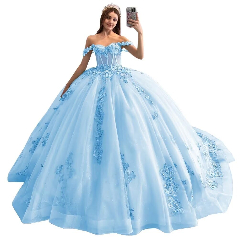 Mouccy Lace Sky Blue Quinceanera Dresses 2024 Beaded Pearly Ball Gowns Floral Off Shoulder Sweet 16 Dresses Petite