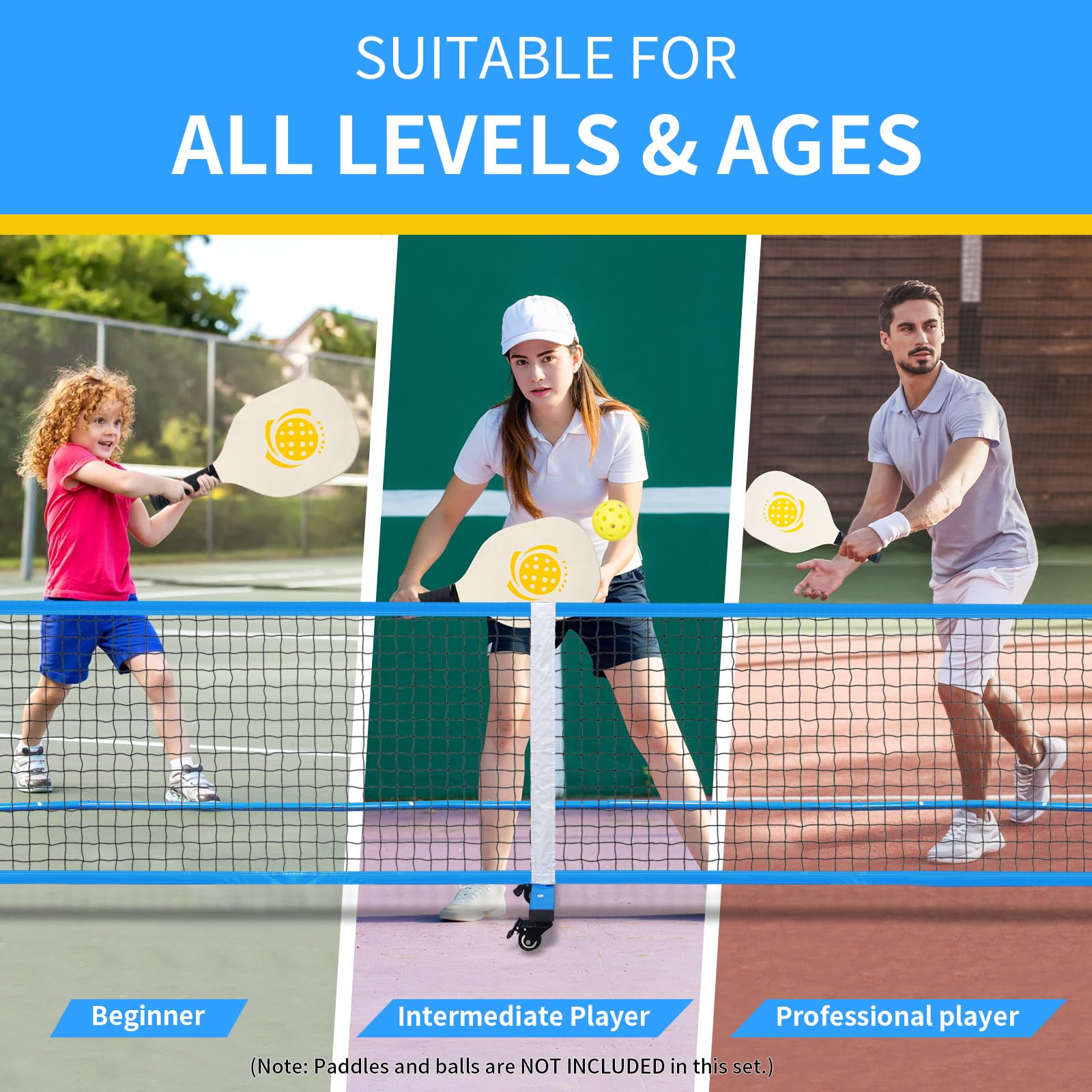Hamino Pickleball Set with Net Wheels, 22 FT Regulation Size Pickleball Net Set with Steady Metal Frame Base/Sturdy PE Net/600D Carrying Bag, Portable Outdoor Driveway Home Backyard Fun for All Ages