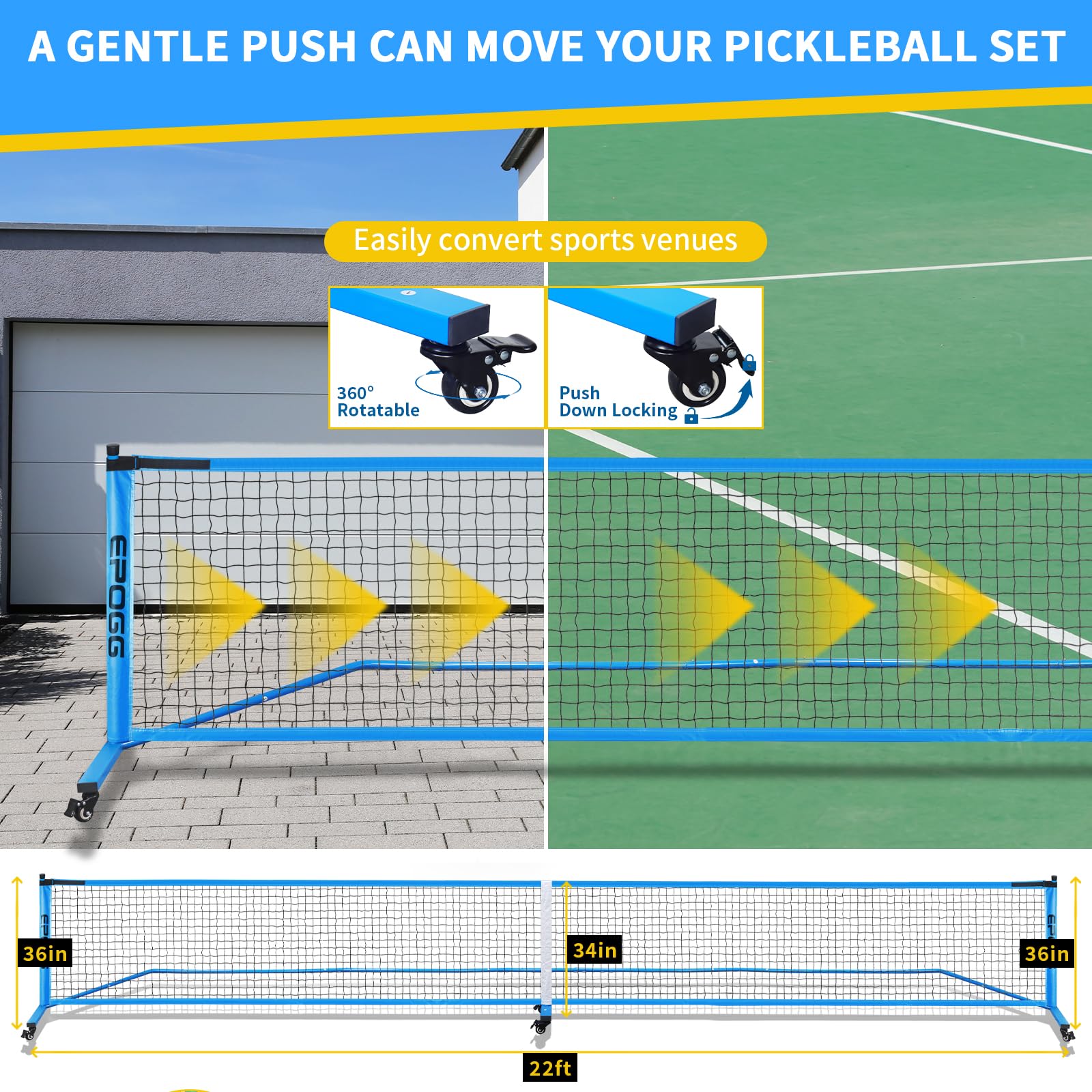 Hamino Pickleball Set with Net Wheels, 22 FT Regulation Size Pickleball Net Set with Steady Metal Frame Base/Sturdy PE Net/600D Carrying Bag, Portable Outdoor Driveway Home Backyard Fun for All Ages