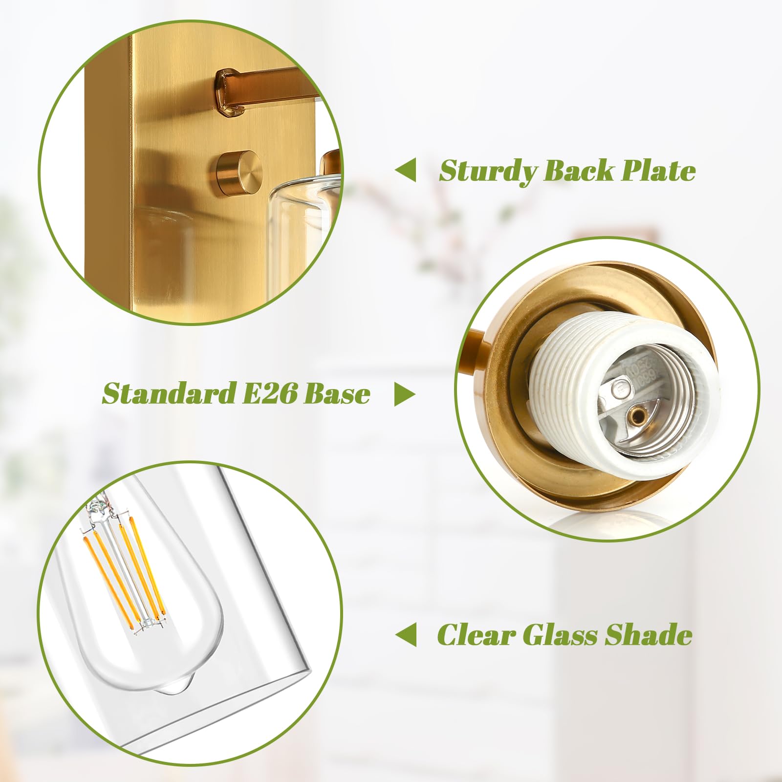 Wall Sconces, Gold Bathroom Light Fixtures, Modern Vanity Lights, Sconces Wall Lighting with Clear Glass, Sconces Wall Decor Set of 2, Wall Light Fixture for Mirror, Living Room, Bedroom, Hallway, E26