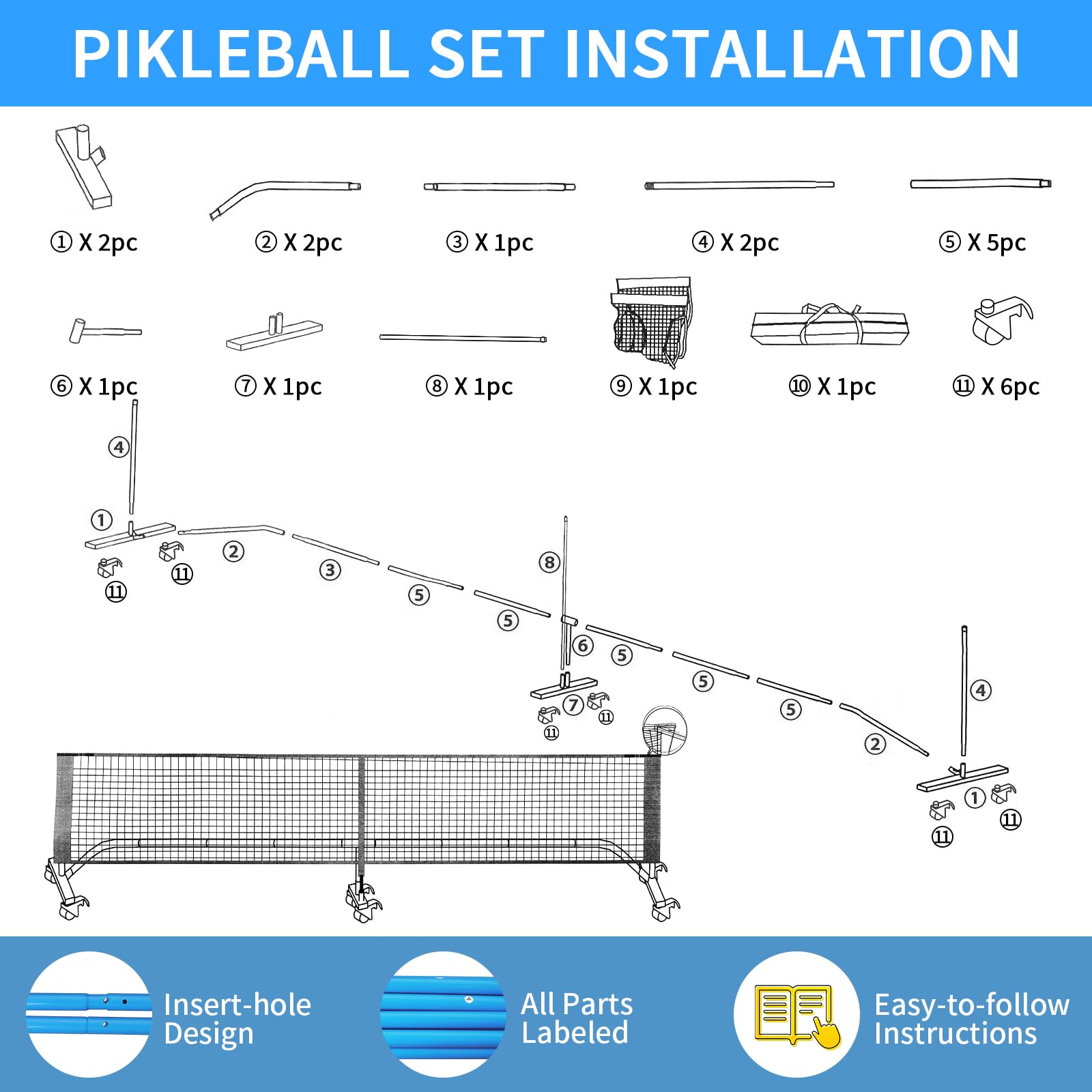 Hamino Pickleball Set with Net Wheels, 22 FT Regulation Size Pickleball Net Set with Steady Metal Frame Base/Sturdy PE Net/600D Carrying Bag, Portable Outdoor Driveway Home Backyard Fun for All Ages