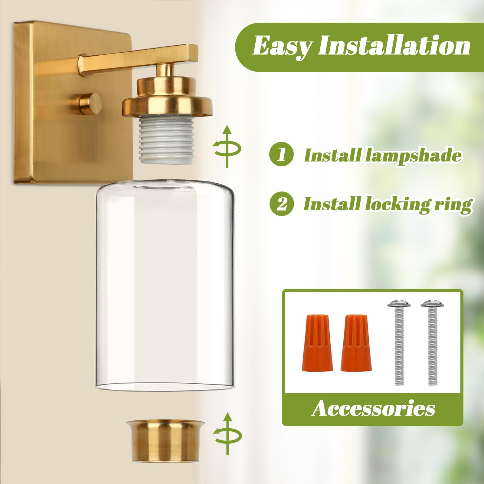 Wall Sconces, Gold Bathroom Light Fixtures, Modern Vanity Lights, Sconces Wall Lighting with Clear Glass, Sconces Wall Decor Set of 2, Wall Light Fixture for Mirror, Living Room, Bedroom, Hallway, E26