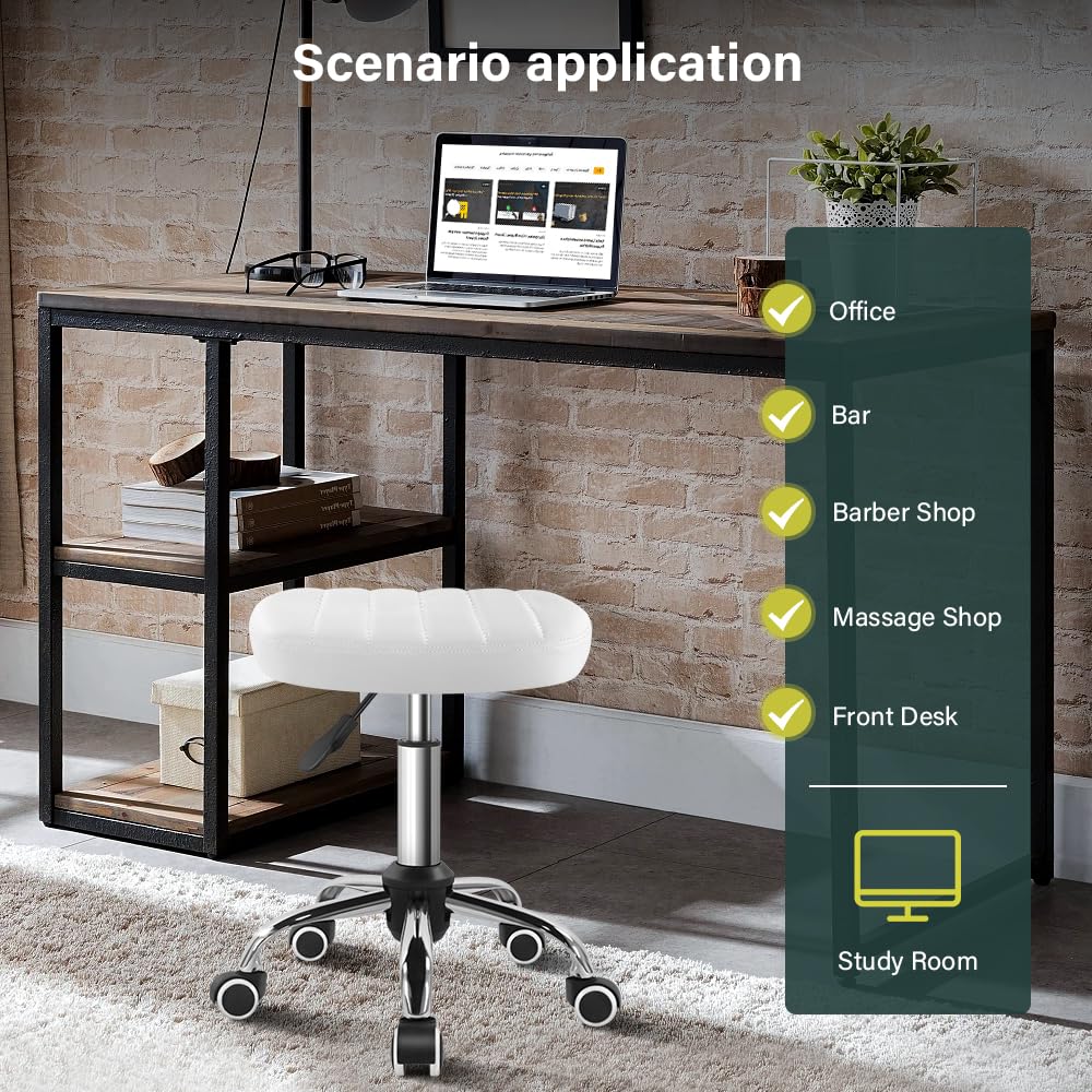 BFTOU White Minimalist Square Swivel Stool with Wheel for Work SPA Shop Massage Height-Adjustable and Cost-Effective Rolling Stool Chair