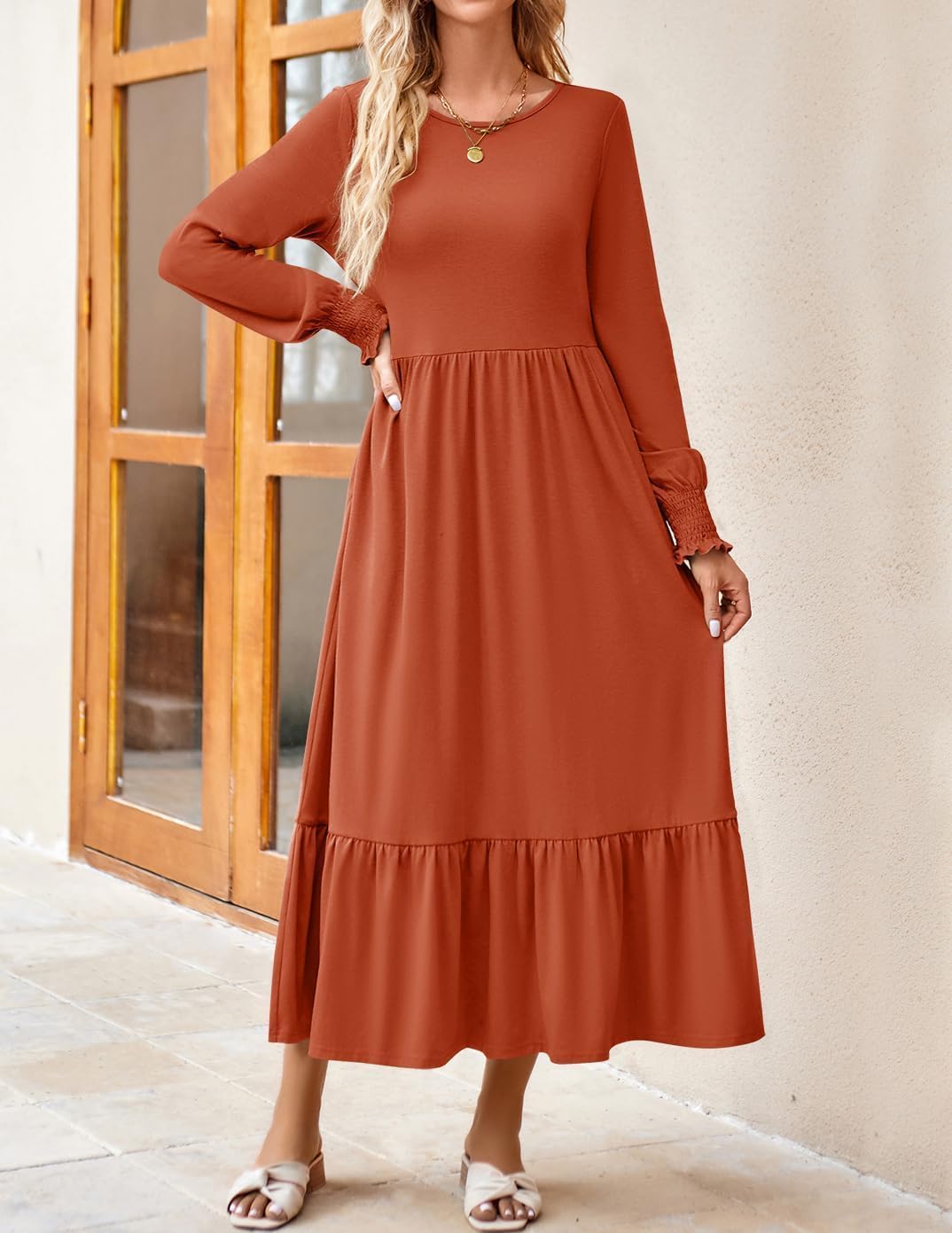 ZESICA Women's 2024 Fall Long Sleeve Dress Crewneck Casual Loose Pleated Tiered Swing Midi Dresses with Pockets,Rust,Medium