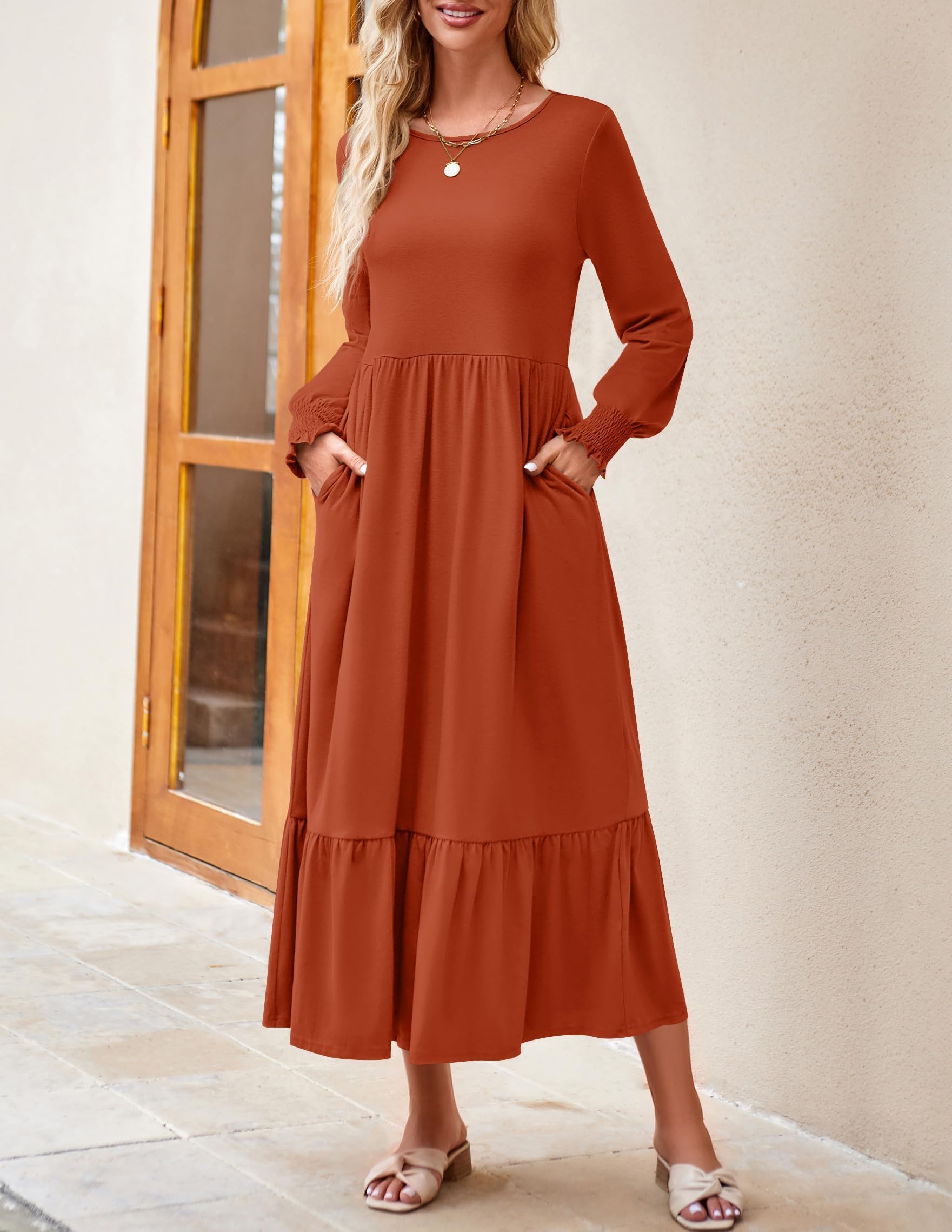 ZESICA Women's 2024 Fall Long Sleeve Dress Crewneck Casual Loose Pleated Tiered Swing Midi Dresses with Pockets,Rust,Medium