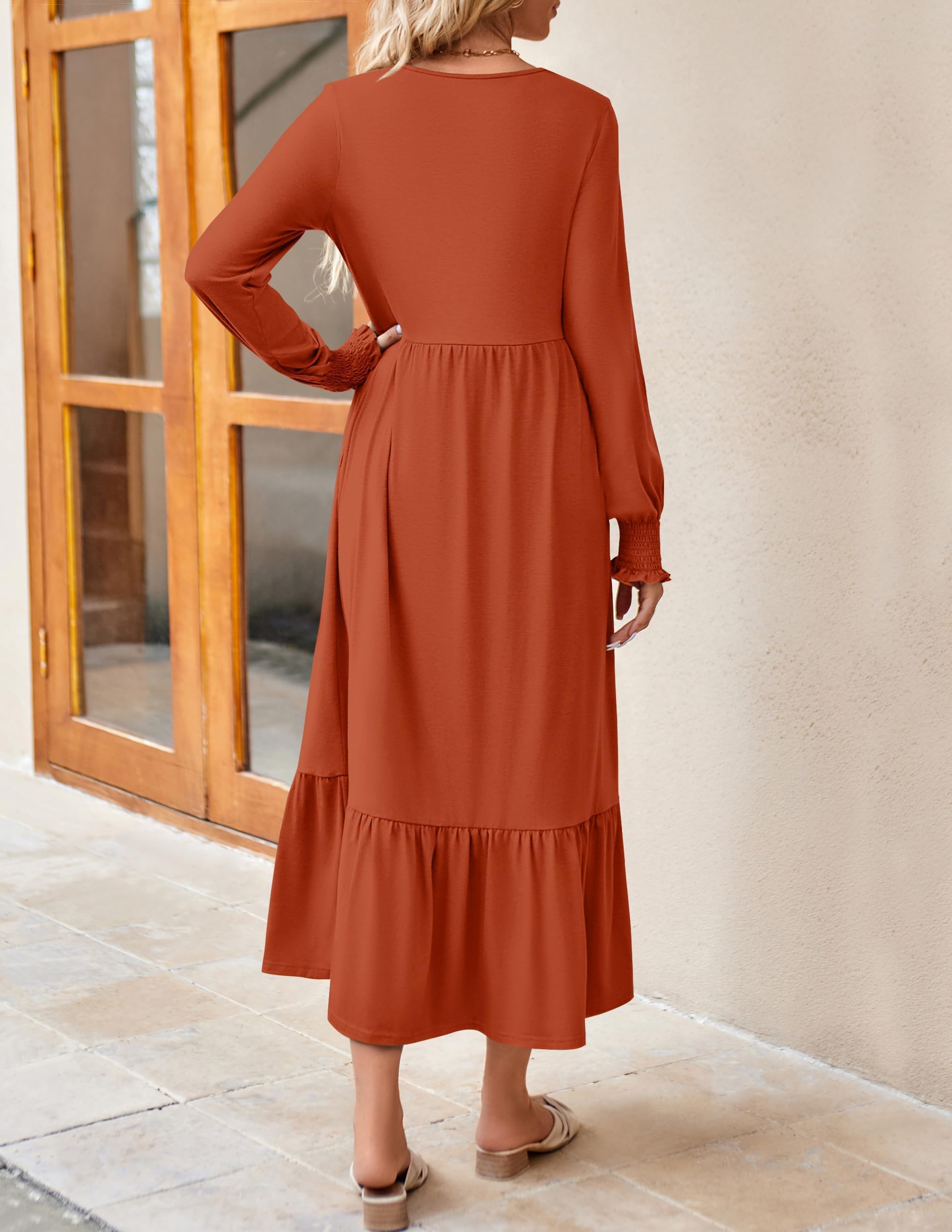 ZESICA Women's 2024 Fall Long Sleeve Dress Crewneck Casual Loose Pleated Tiered Swing Midi Dresses with Pockets,Rust,Medium