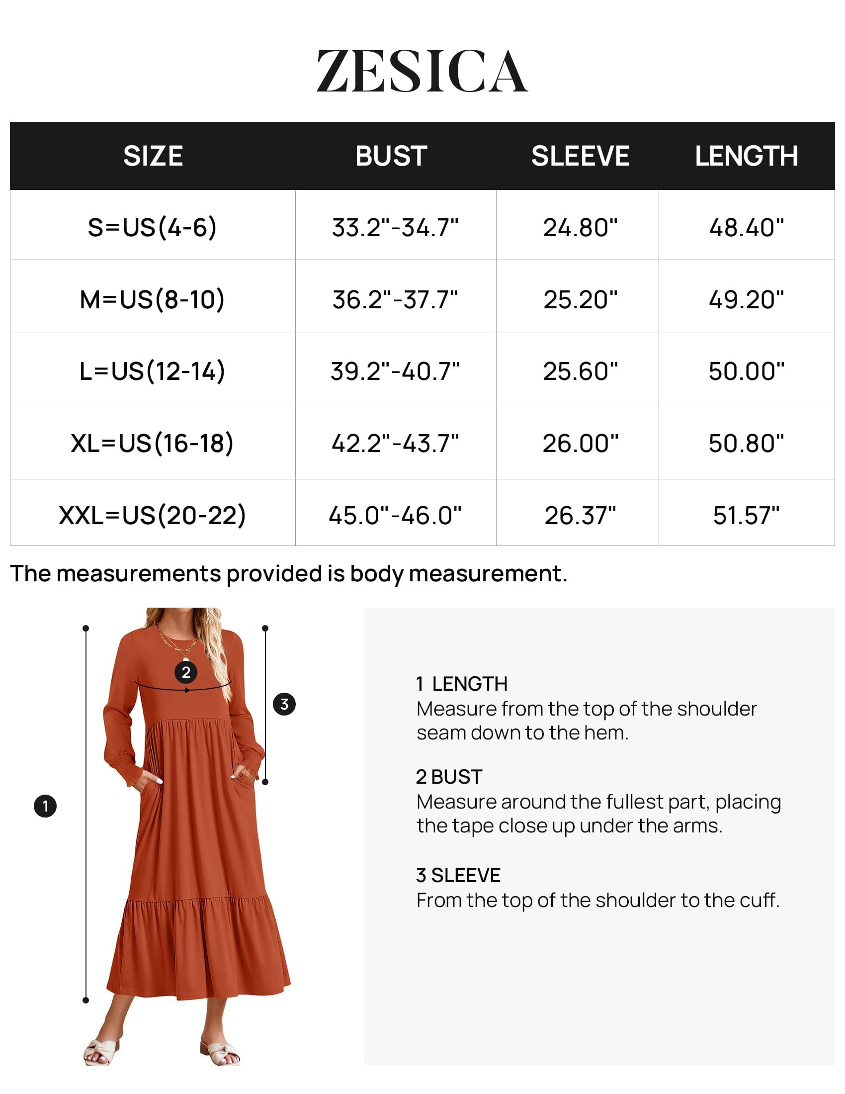 ZESICA Women's 2024 Fall Long Sleeve Dress Crewneck Casual Loose Pleated Tiered Swing Midi Dresses with Pockets,Rust,Medium