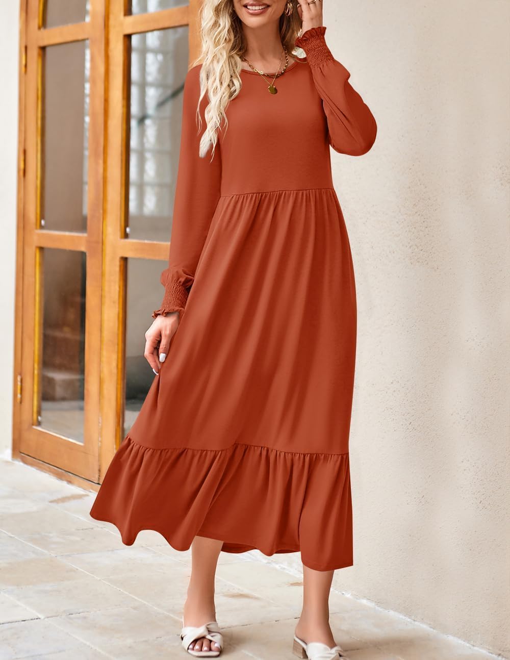 ZESICA Women's 2024 Fall Long Sleeve Dress Crewneck Casual Loose Pleated Tiered Swing Midi Dresses with Pockets,Rust,Medium