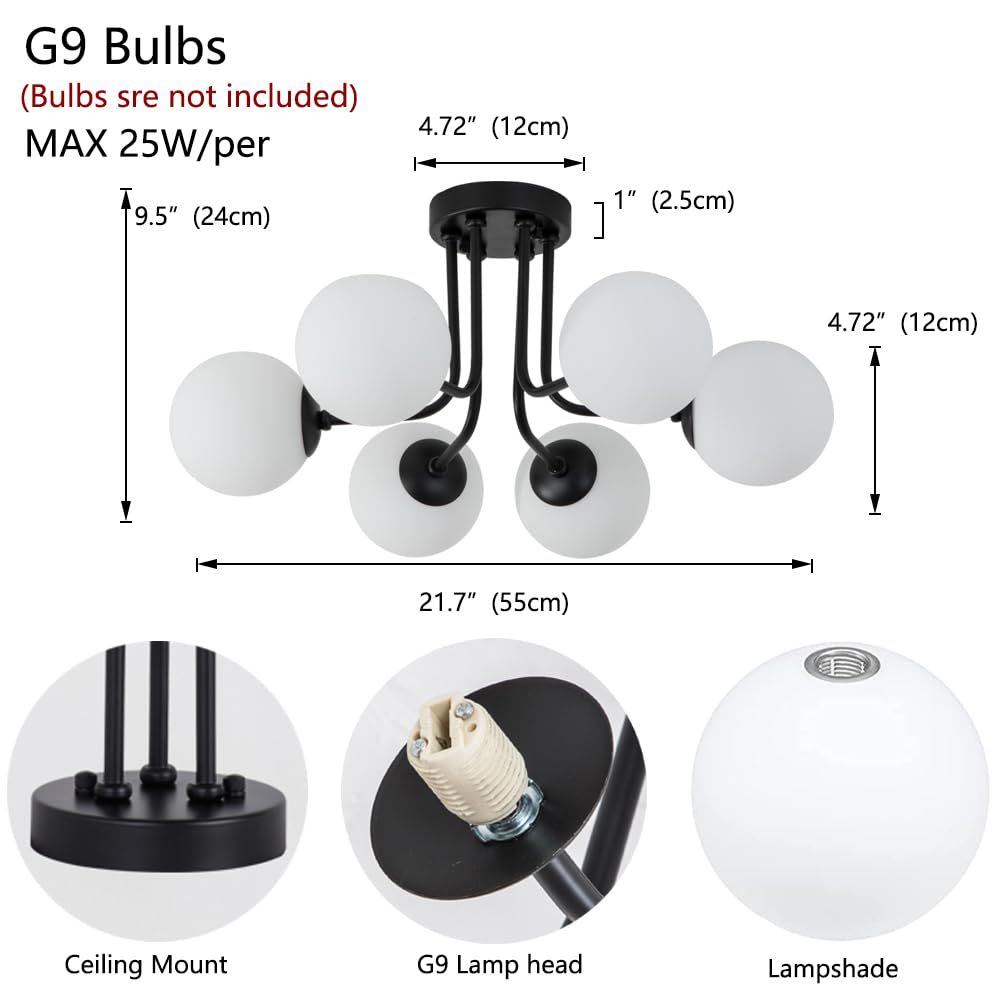 Hoengles Modern Semi Flush Mount Ceiling Light,Black White Glass Shade Semi Ceiling Light 6-Light,Sputnik Chandeliers for Bedroom Hallway Dining Room Lighting Fixture, HL-23072703