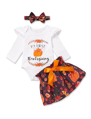 Hipealy My First Thanksgiving Baby Girl Outfits Newborn Pumpkin Long Sleeve Ruffle Romper Pumpkin Floral Skirt fot Infant Fall Outfits 0-18 Months