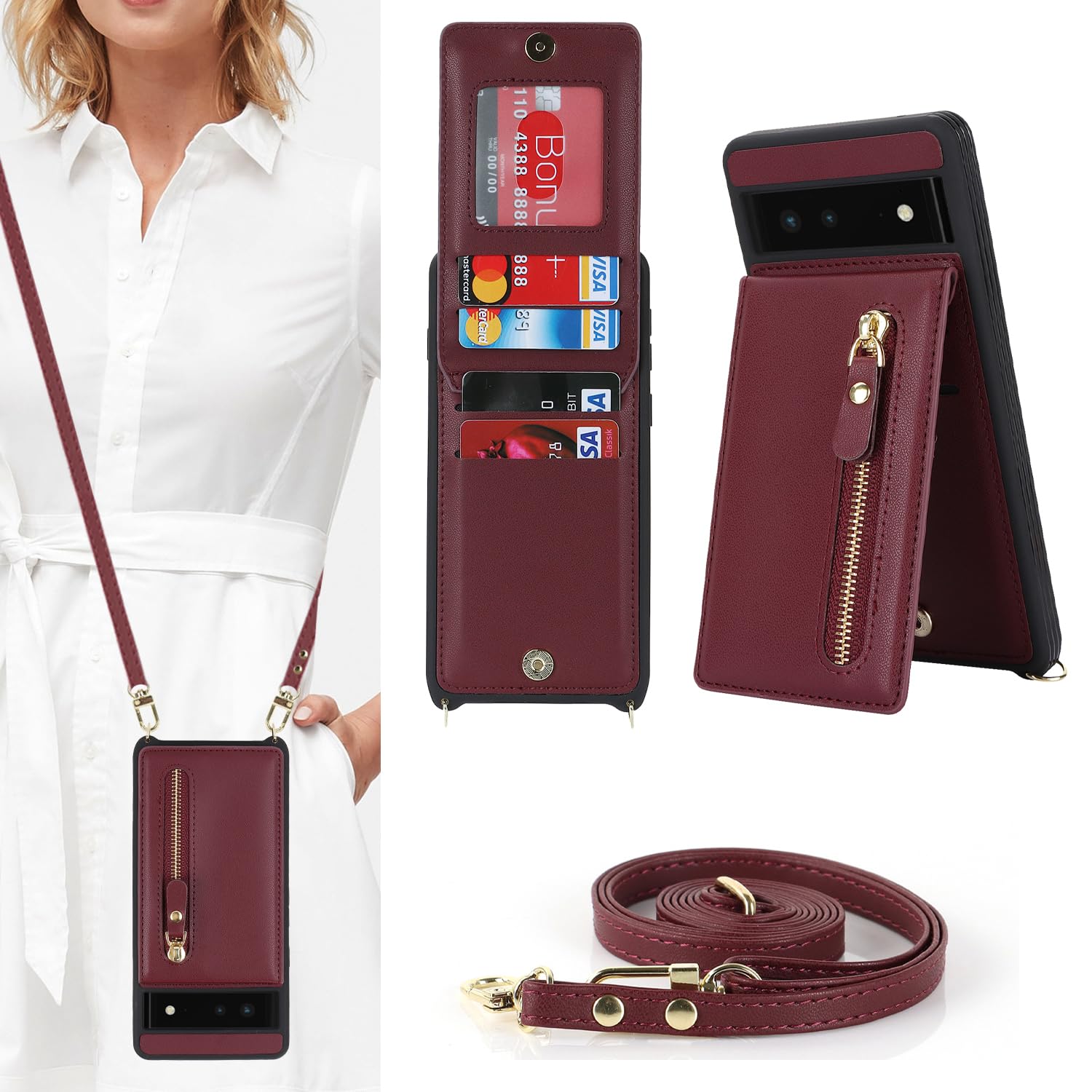 DEYHU for Google Pixel 6a Case with Card Holder for Women,for Pixel 6a Phone Case Wallet with Strap Credit Card Slots Crossbody with Kickstand Zipper Case - Red Wine