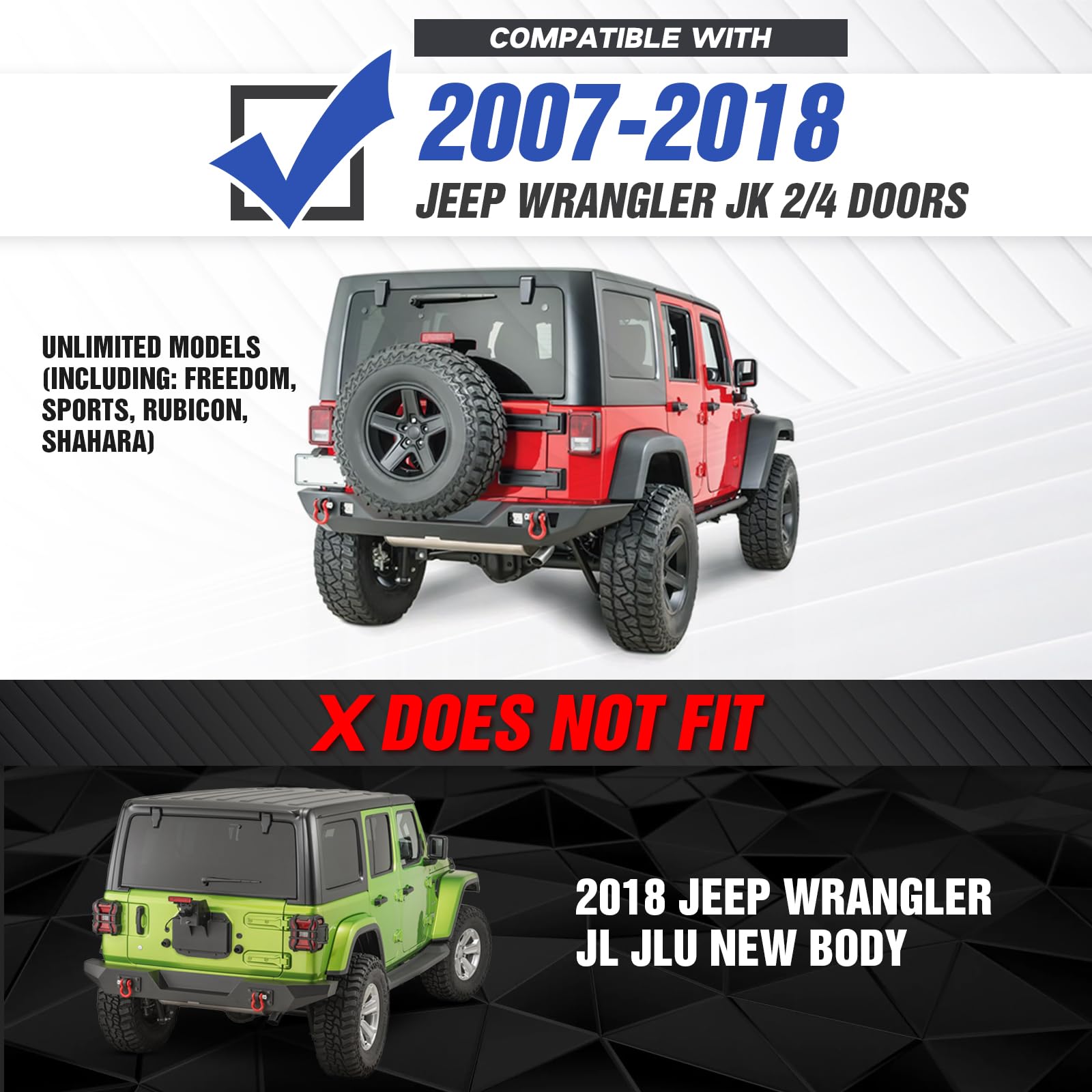EYOUHZ Rear Bumper with Spare Tire Carrier Compatible with 2007-2018 Jeep Wrangler JK JKU Unlimited with 2" Hitch Receiver, License Plate Bracket, Paintable Armor, LED Lights & D-Rings (2/4 Doors)