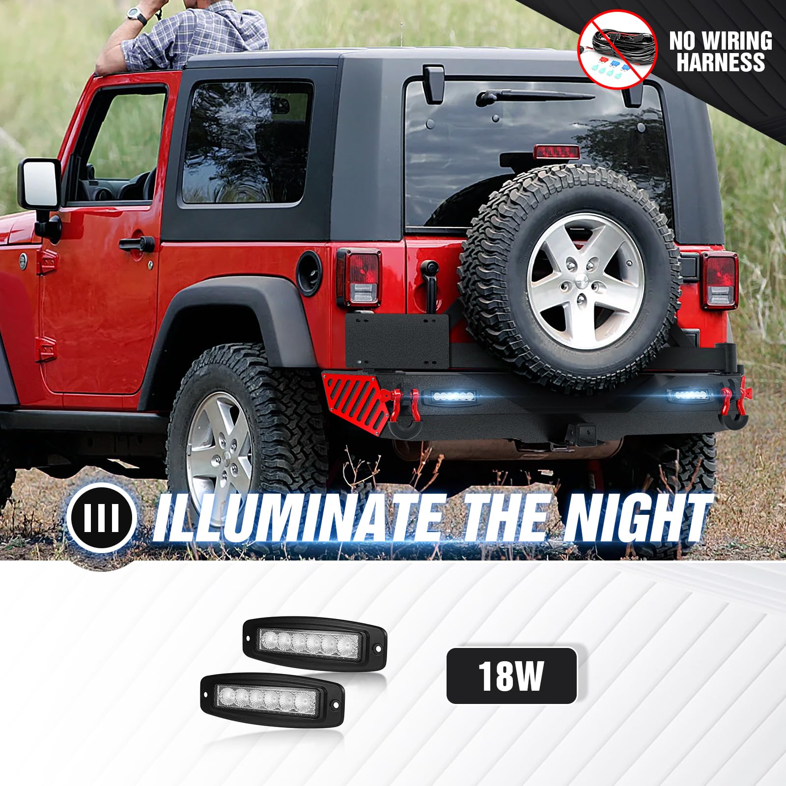 EYOUHZ Rear Bumper with Spare Tire Carrier Compatible with 2007-2018 Jeep Wrangler JK JKU Unlimited with 2" Hitch Receiver, License Plate Bracket, Paintable Armor, LED Lights & D-Rings (2/4 Doors)