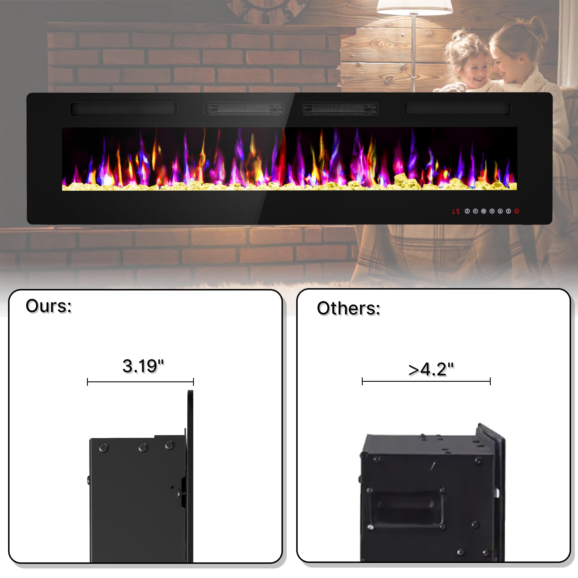 72" Ultra Thin Electric Fireplace, Wall Mounted & Freestanding, LED Fireplace Insert, Wall Fireplace for Living Room/Bedroom w/Touch Screen, Remote Control, 750W/1500W, Quiet, 8H Timer