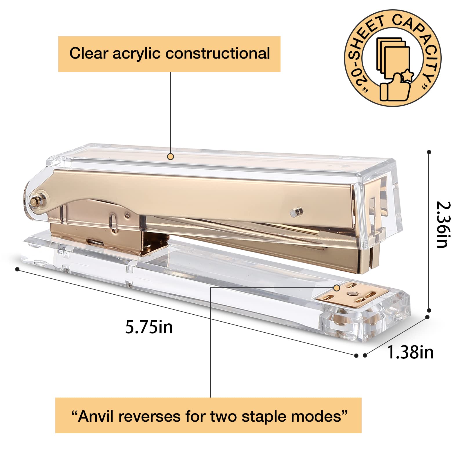 EXPUTRAN Acrylic Stapler,Clear and Gold-Tone Hardware, Beautiful Desk Accessory for Office Home or School,Takes Standard 24/6 or 26/6 Staples