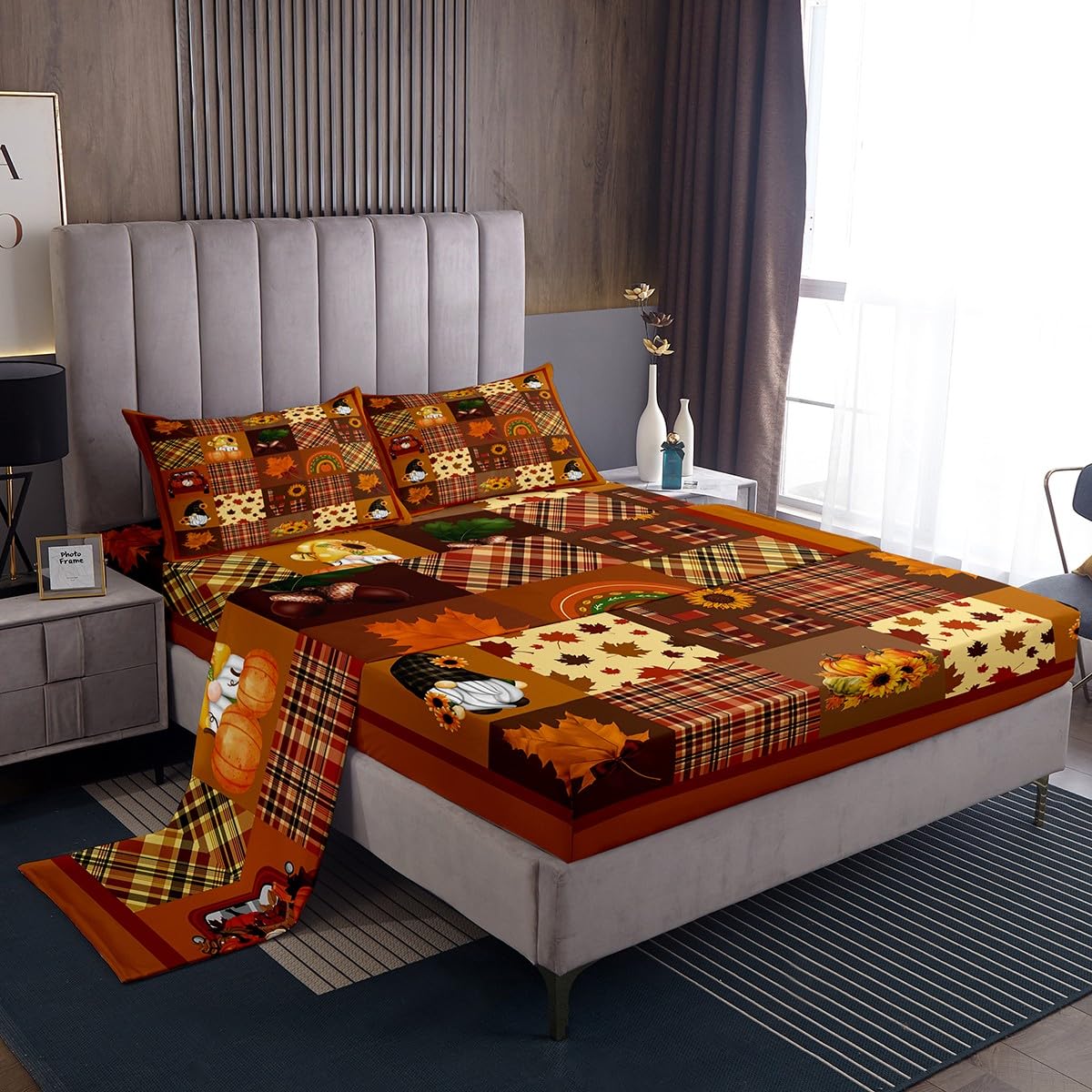 Fall Season Sheet Set Full Size for Boys Girls Autumn Harvest Decoration Bed Sheets Set, Thanksgiving Day Gifts for Kids Teens Women Geometry Plaid Print Flat Sheet Maple Leaves Rainbow Decor Bedding