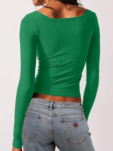 Dwnval Women's Sexy Long Sleeve Crop Top Square Neck Double Lined Basic Slim Fit T Shirt(Green, S)
