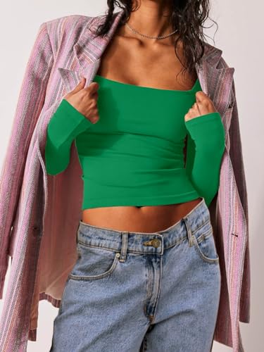 Dwnval Women's Sexy Long Sleeve Crop Top Square Neck Double Lined Basic Slim Fit T Shirt(Green, S)