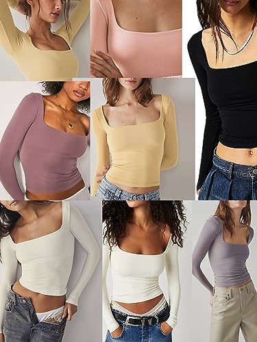 Dwnval Women's Sexy Long Sleeve Crop Top Square Neck Double Lined Basic Slim Fit T Shirt(Green, S)