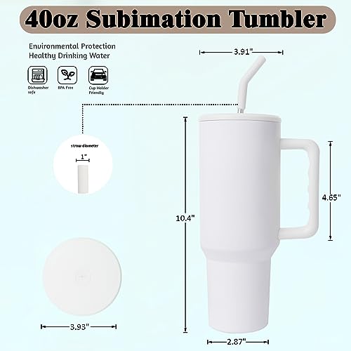 Towsnails 40oz sublimation tumbler with Handle | Leak-proof Lid and Straw | Insulated Coffee Mug Stainless Steel Travel Mug | Modern Insulated Tumblers Cupholder Friendly (4PACK/ White