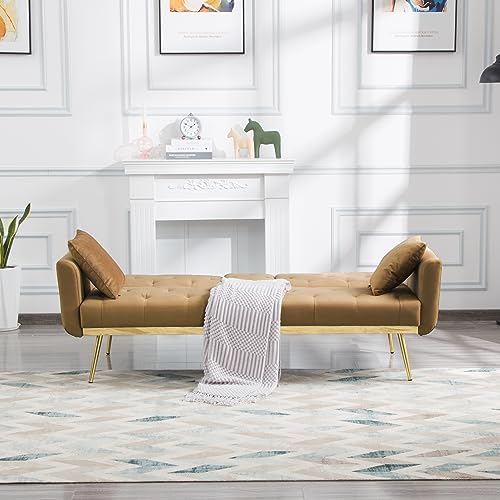 FREESNOOZE 72.4'' Convertible Velvet Sleeper Sofa Bed Loveseat Futon Couch w/2 Cupholders, Metal Legs, 2 Pillows for Home, Office, Guest Room, Apartment-Brown