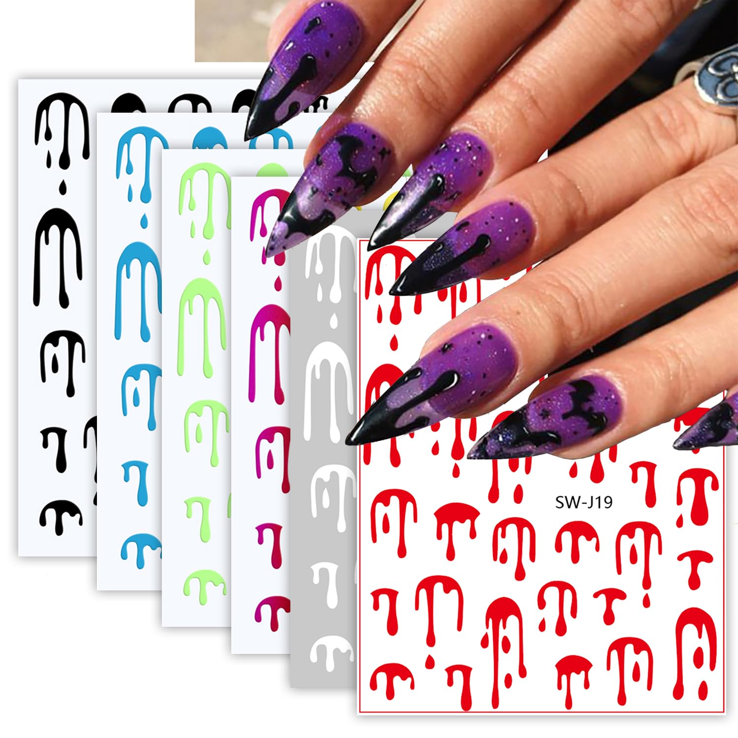 OCOUYVD 12Sheets Halloween Blood Nail Art Stickers Colorful Red Bloody 3D Self-Adhesive Nail Decals Halloween Scary Acrylic Nail Decorations for Women Girls Holiday DIY Manicure Supplies