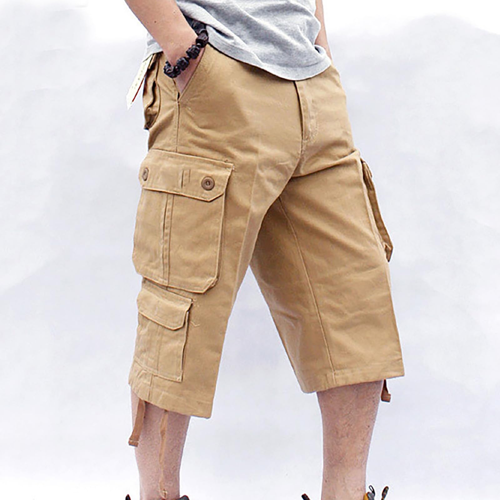 Lightning Deals of Today Prime Clearance Men's Pants Elastic Waistband Mens Cargo Pants Casual Loose Cotton Multi Pockets Shorts 7 Inch Inseam Outdoor Fashion Utility Tooling Trousers Khaki 2X