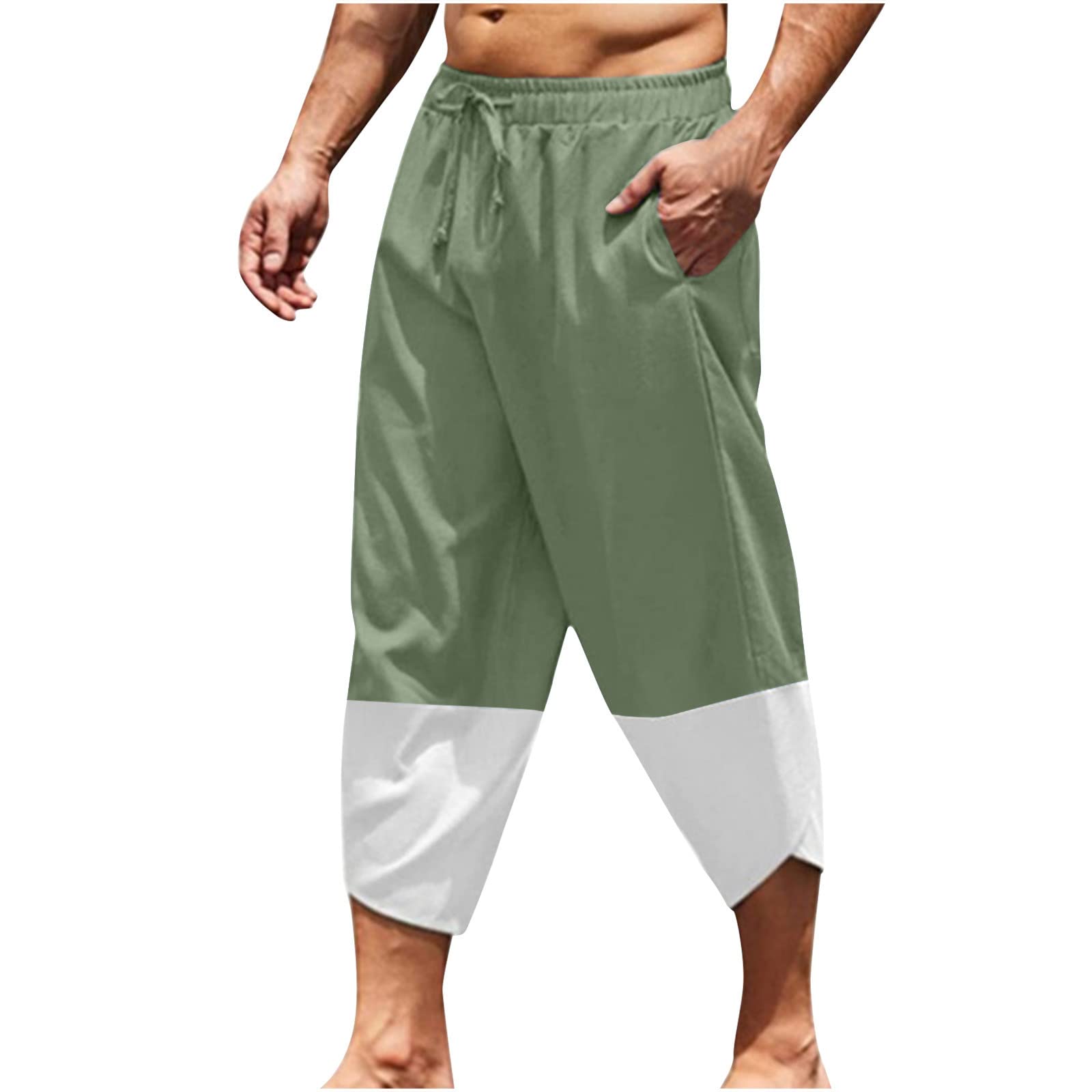 My Orders Men's Pants Elastic Waistband Linen Pants for Men 2023 Casual Loose Drawstring Elastic Waist Cotton Capri Classic Fit Patchwork Beach Capri Army Green XL