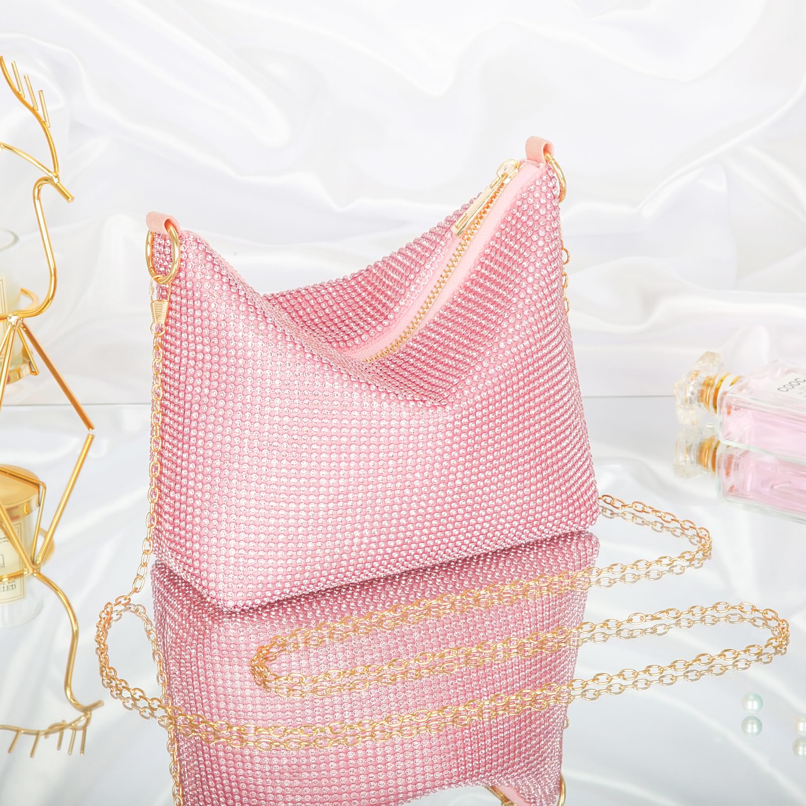 Afashor Fashion Womens Evening Bag Glitter Rhinestone Purse Shiny Clutch Handbag for Party Wedding Pink
